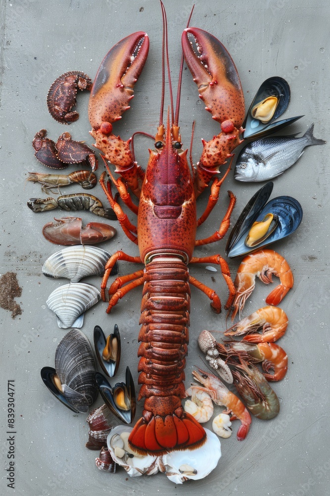 Whole lobster with seafood, crab, mussels, prawns, fish, salmon steak ...