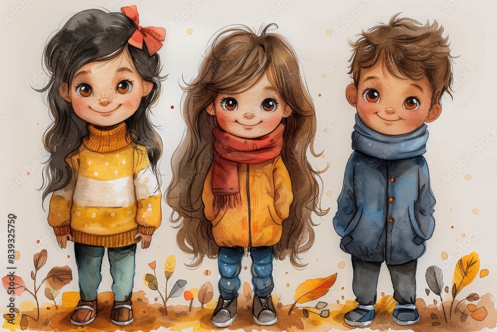 Three faceless cartoon characters, depicted as kids in autumn clothing ...