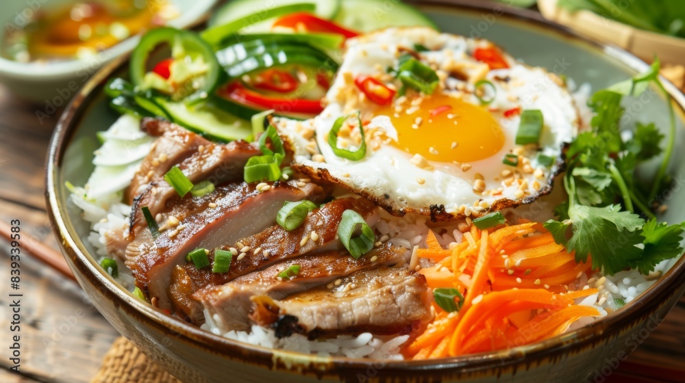 A serving of com tam, Vietnamese broken rice topped with grilled pork ...