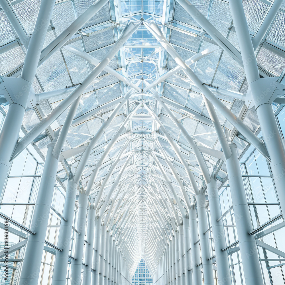 photograph of an architectural structure with steel beams and a glass ...