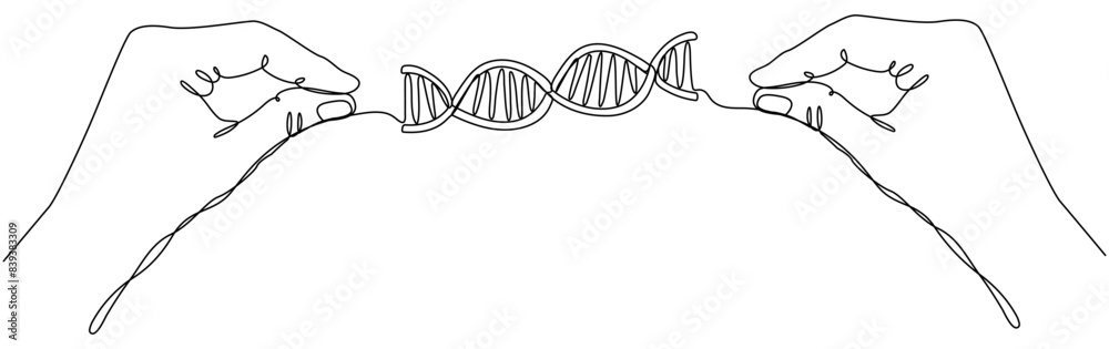 Hands holding DNA continuous one line drawing. Genome linear structure ...