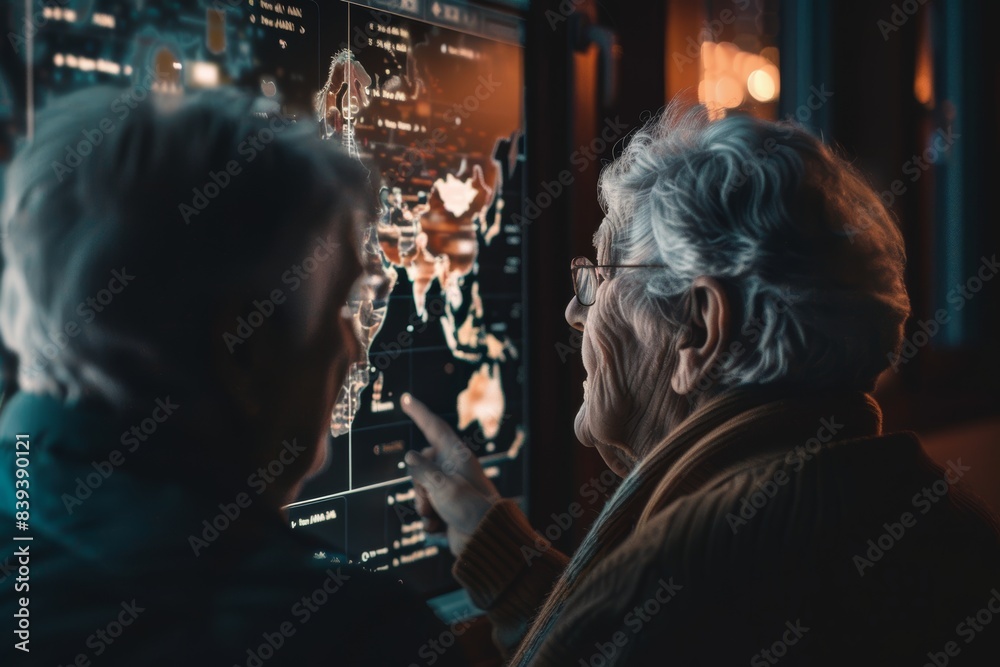 Elderly Couple Examining Digital Population Statistics Map Reflecting ...