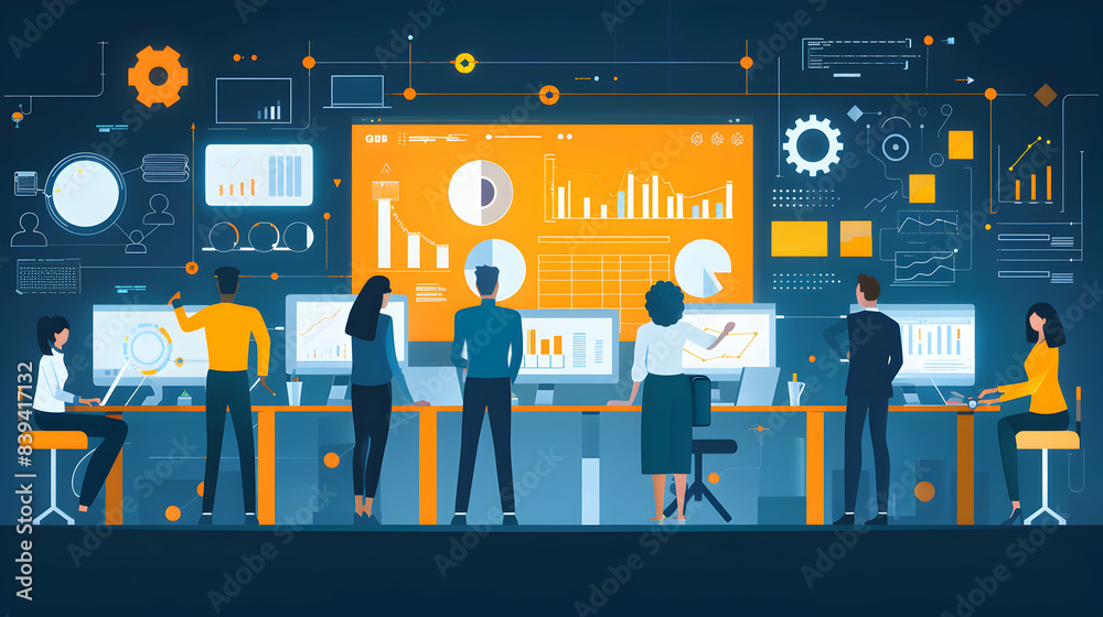 Cross Functional Team Collaboration Vector Illustration with Digital ...