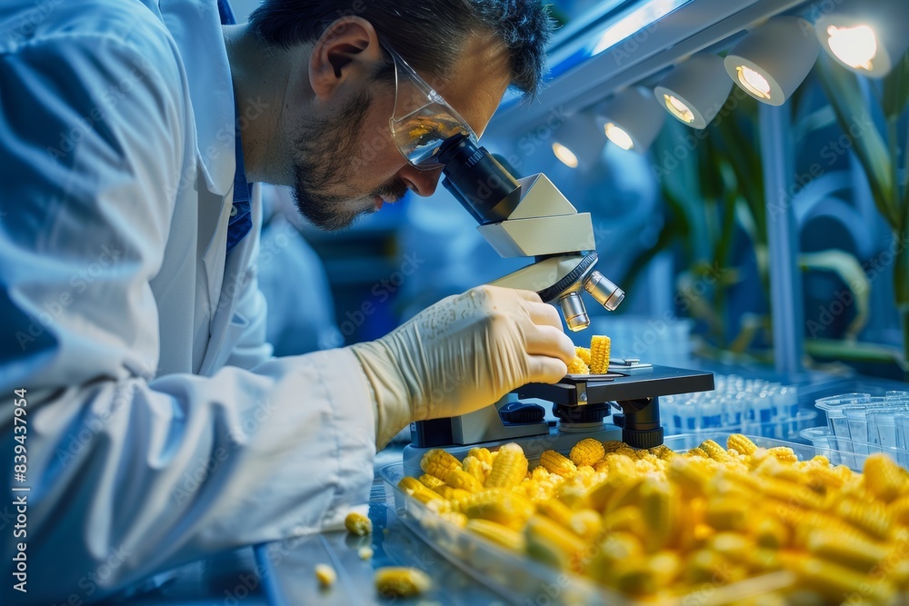 Scientist Examining Genetically Modified Corn Kernels Under Microscope in High-Tech Laboratory ...