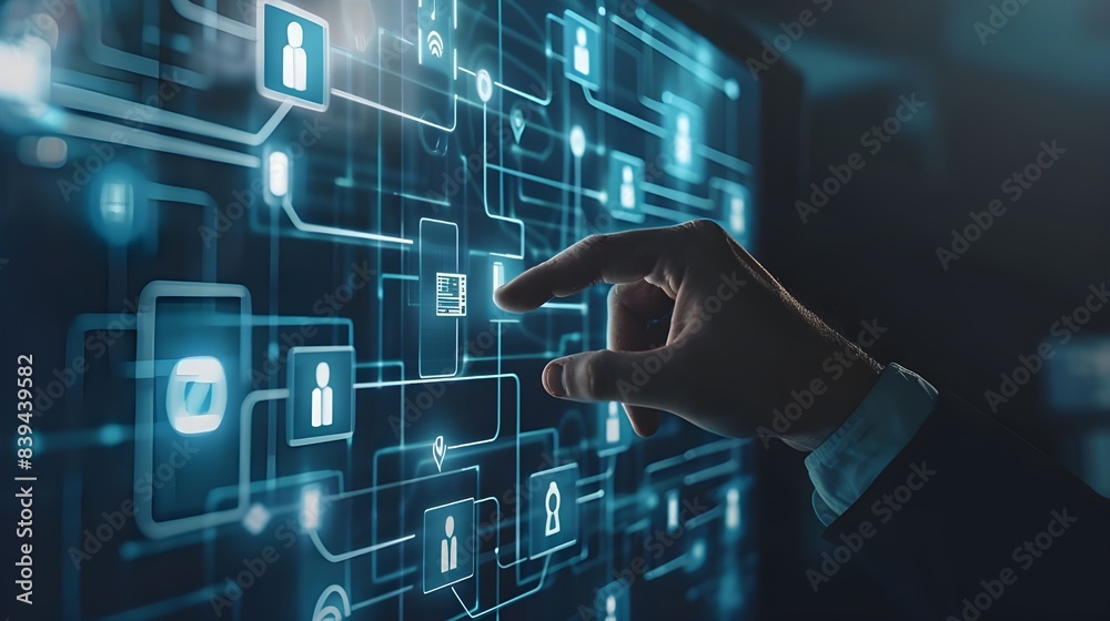 Businessman touching organization chart on virtual interface screen ...