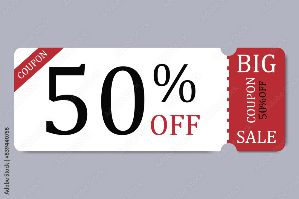 Discount coupon, gift voucher template with tear-off part. 50 percent ...