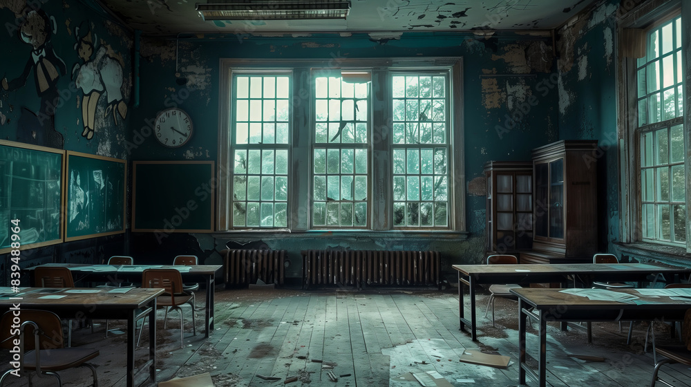 An abandoned school classroom with broken windows, old desks and ...