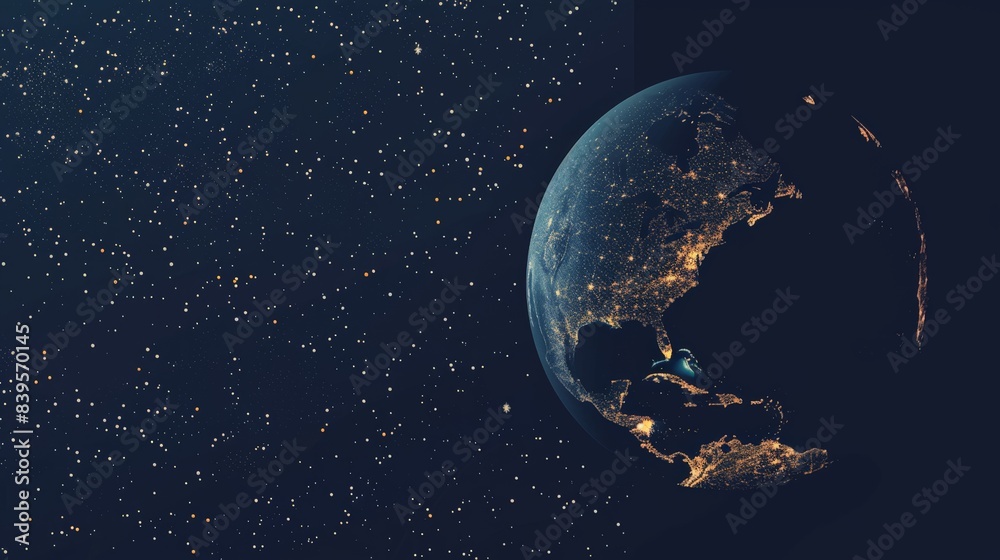 View of Earth at night with illuminated city lights, emphasizing global ...