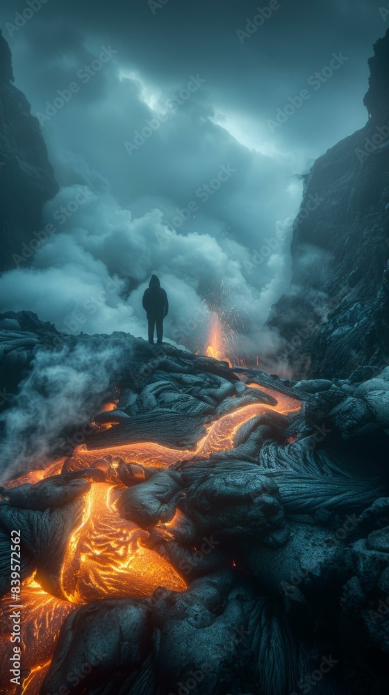 Molten lava flows over rocks during a volcanic eruption, casting an ...