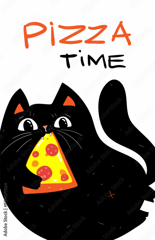 Cute cartoon pizza cat. pizza time text, hand drawn lettering, black ...