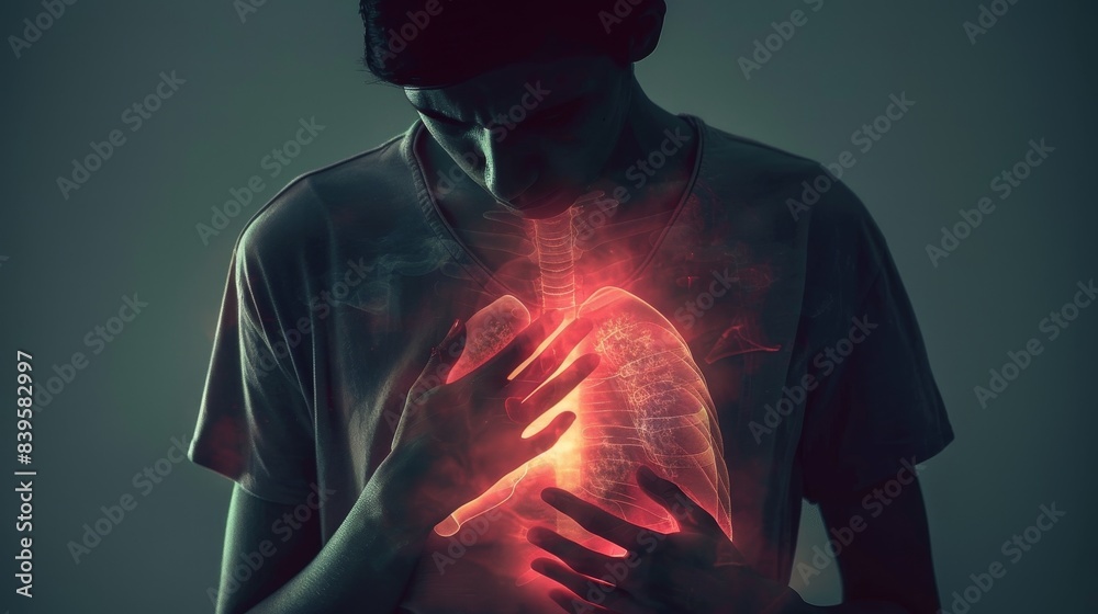 Man Holding Burning Lungs Painful Chest Medical Illustration Stock
