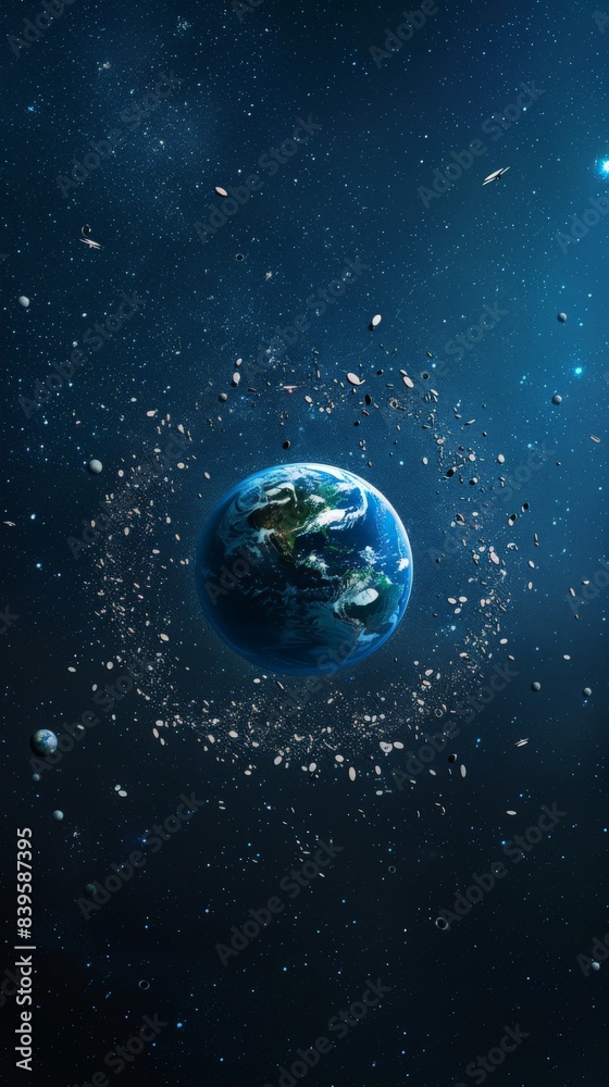 Planet Earth surrounded by space debris in orbit. Environmental impact ...