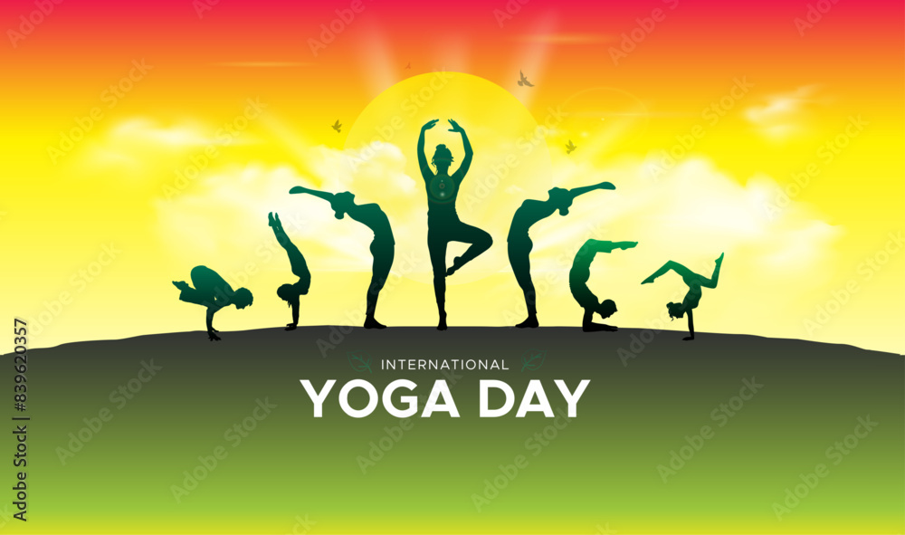 International Yoga Day. Website Banner header. Group of people ...