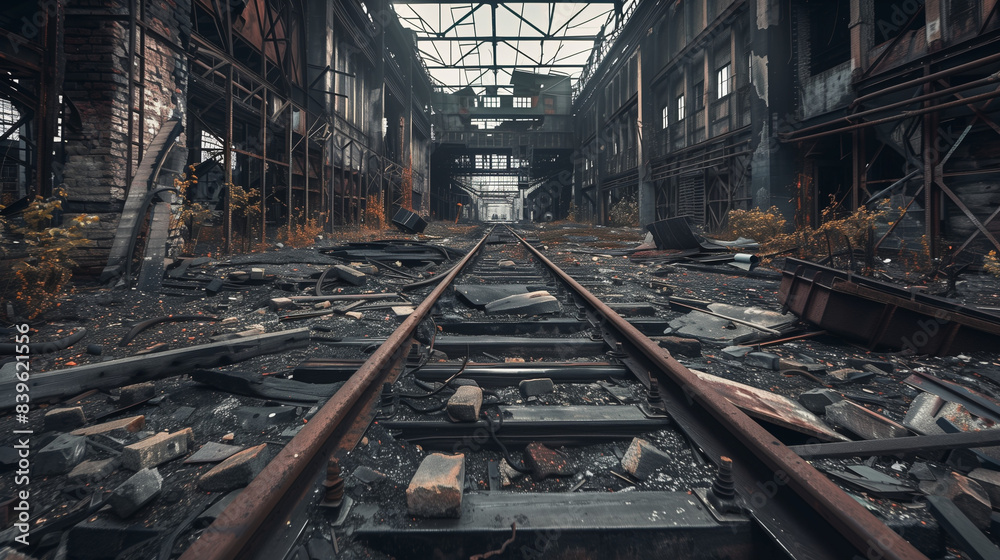 An abandoned industrial hall with destroyed railway tracks and burnt ...