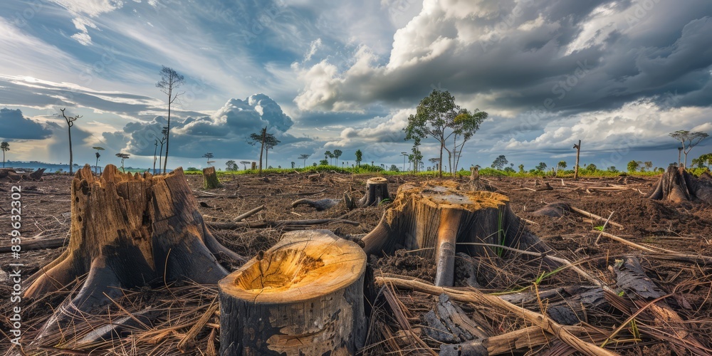 Overcast sky, tree stumps. A stark image showing the terrible ...