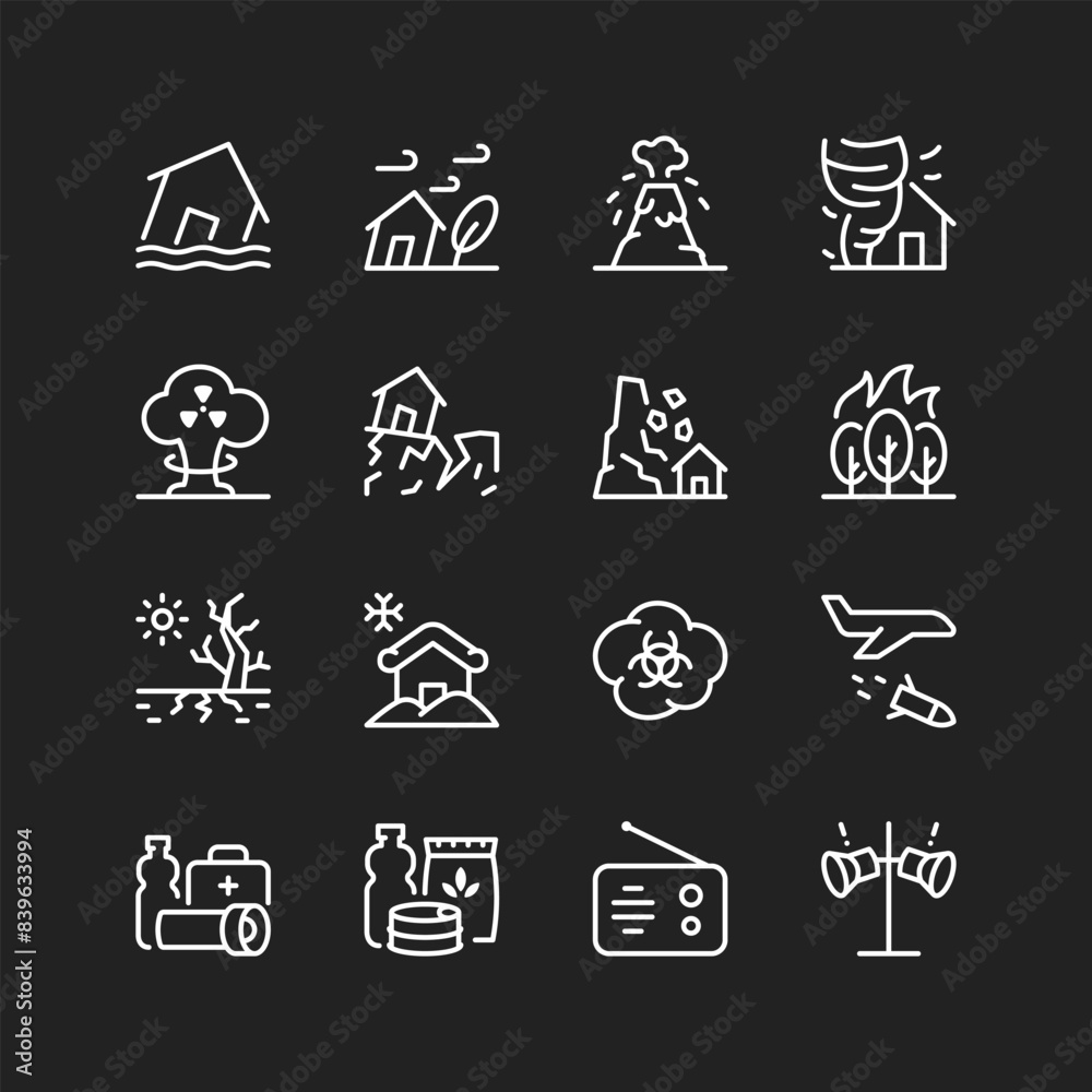 Emergency, disaster, catastrophe icons, white on black background ...