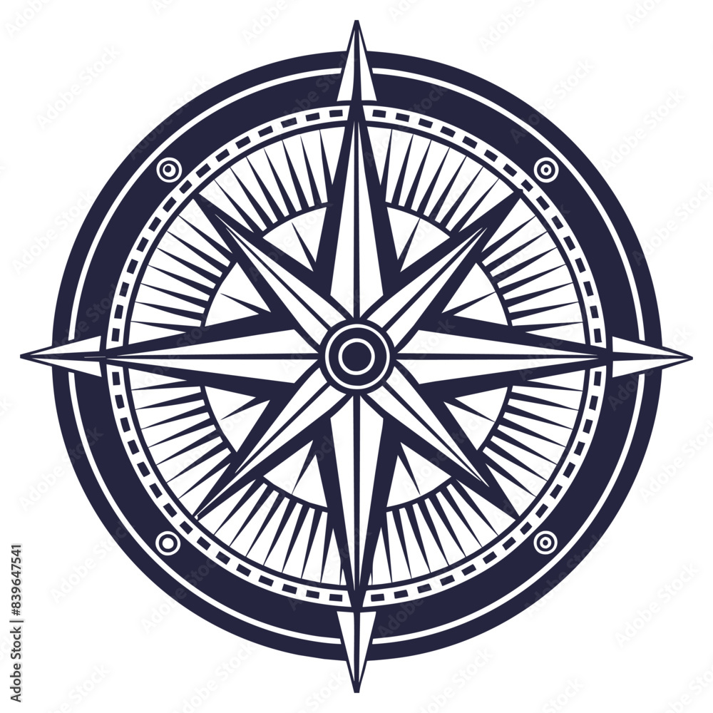 Detailed nautical compass in linocut print style, suitable for maritime ...