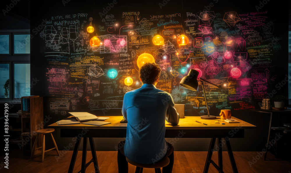 Focused individual brainstorming with colorful mind maps and complex ...