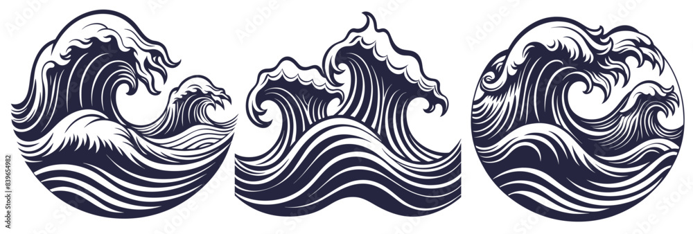 Stunning nautical wave linocut set with vintage maritime theme and ...