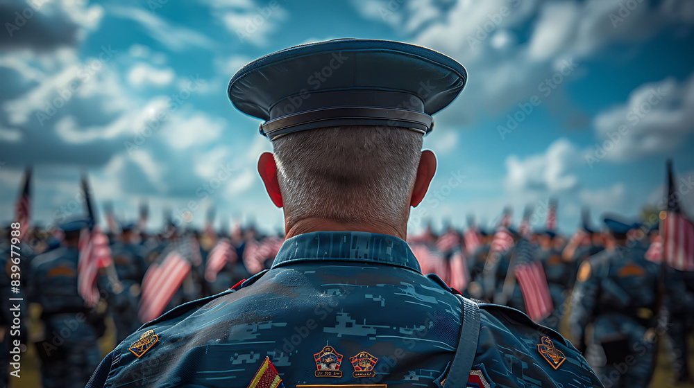 Memorial Day ceremony with military officers saluting the flag ...