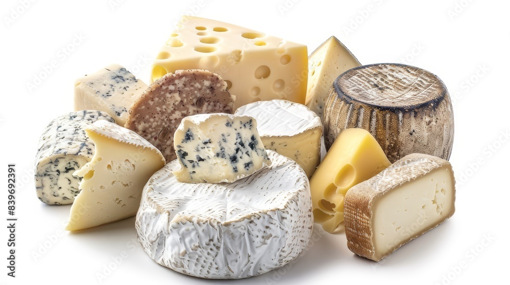 Variety of gourmet cheeses on a white background, capturing the ...