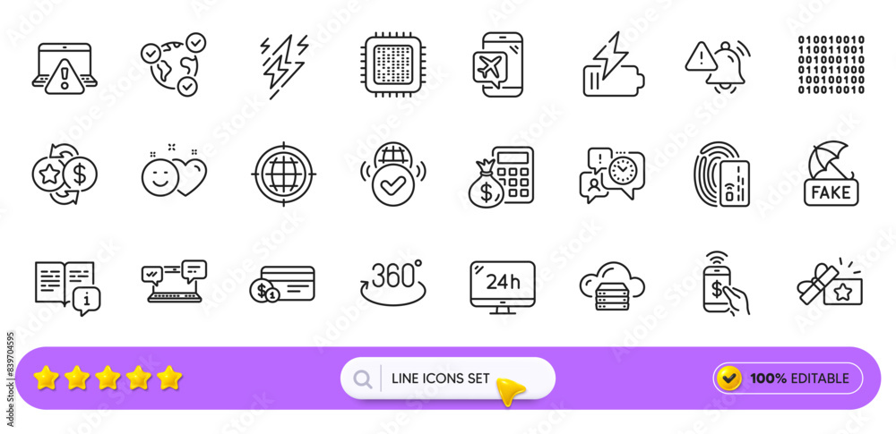 Time management, Binary code and Lightning bolt line icons for web app. Pack of Card, Fake news ...