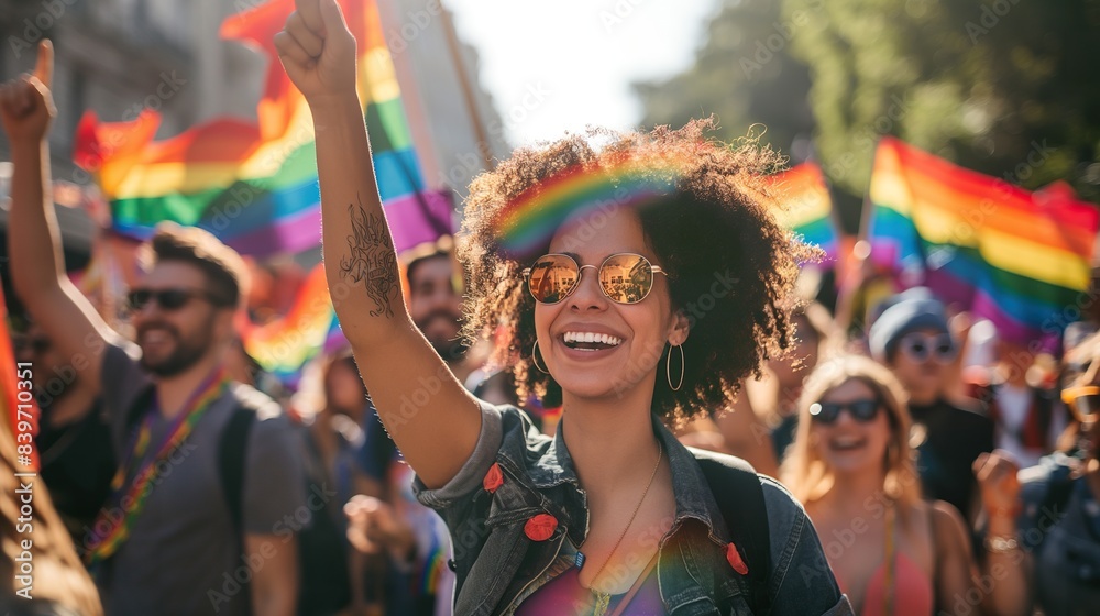 Happy professional in a vibrant office with a rainbow flag, showcasing ...