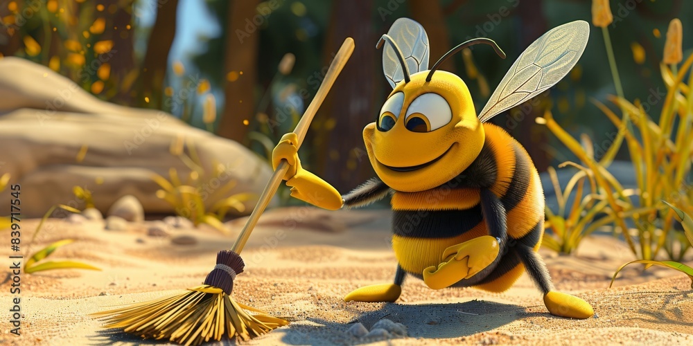 Cheerful cartoon bee sweeping the sandy forest floor with a straw broom ...