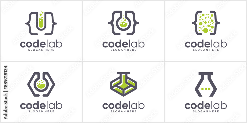 Set of code lab logo design template. Science laboratory glass and ...