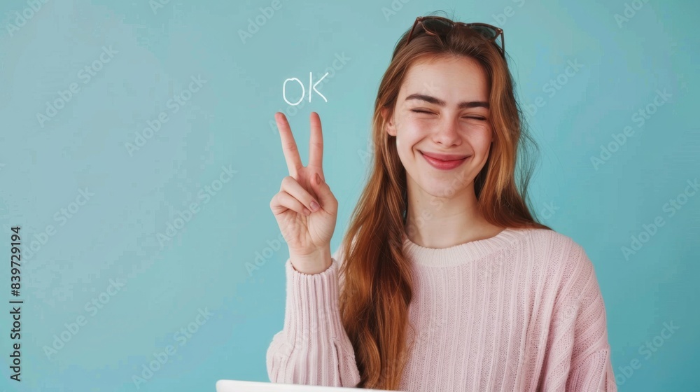 Young woman giving peace sign with winking eye Stock Photo | Adobe Stock