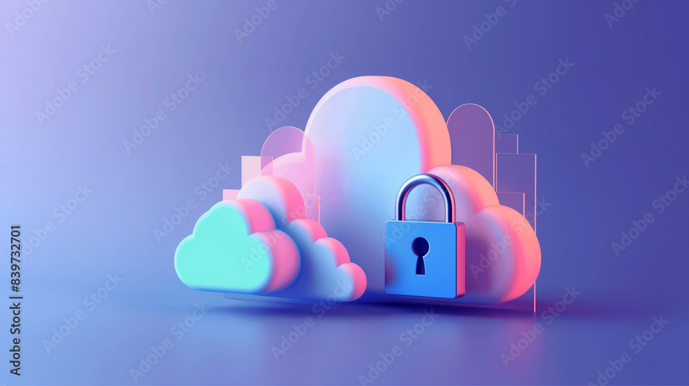 Abstract illustration of cloud security services, stylized cloud icon integrated with a secure ...