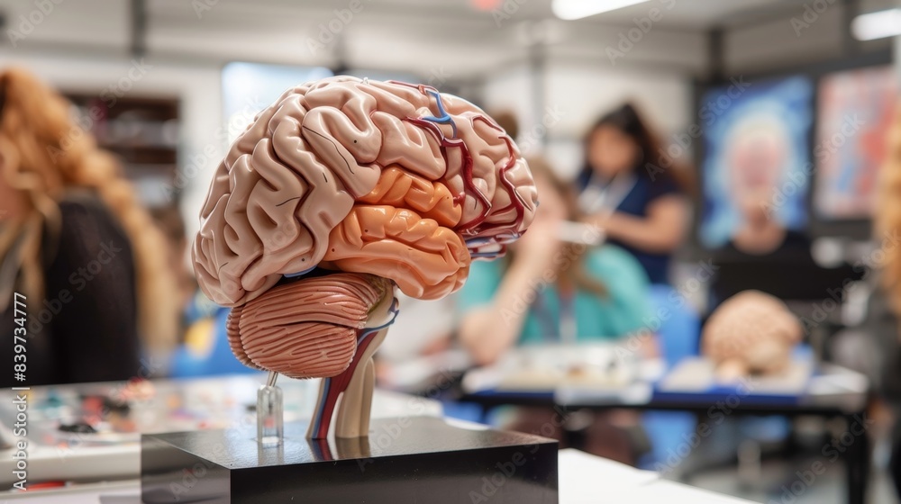 Anatomical brain model being used in a classroom setting to educate ...