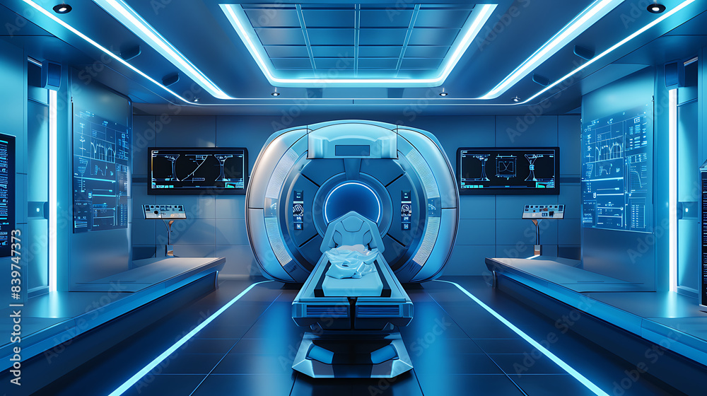 a modern medical imaging room with an MRI (Magnetic Resonance Imaging ...