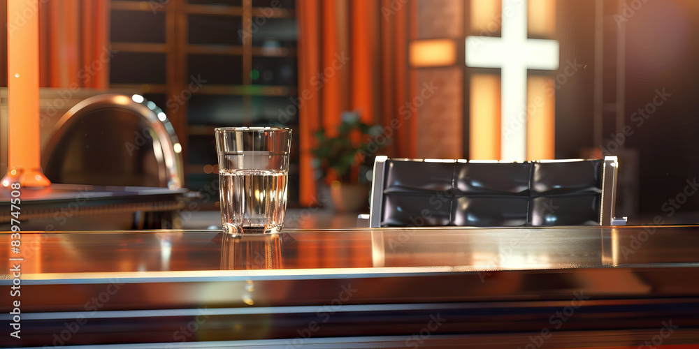 Talk Show Guest Desk: A simple desk with a chair and water glass, set ...