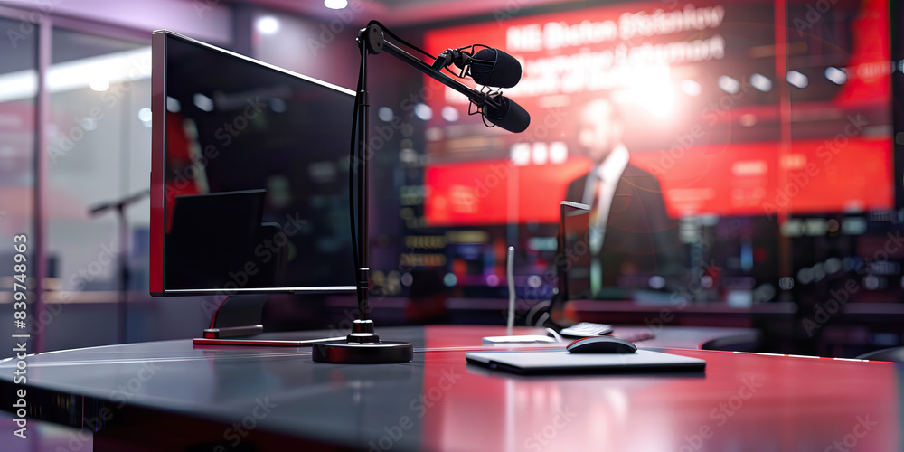 News Anchor Desk: A sleek and modern desk with a large monitor ...