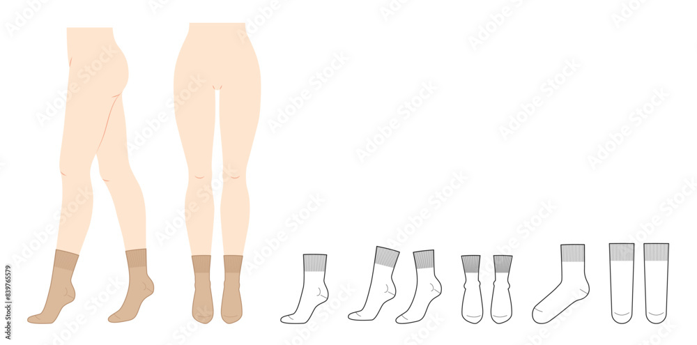 Crew Socks set on women legs and CAD flat template mockup. Hosiery ...