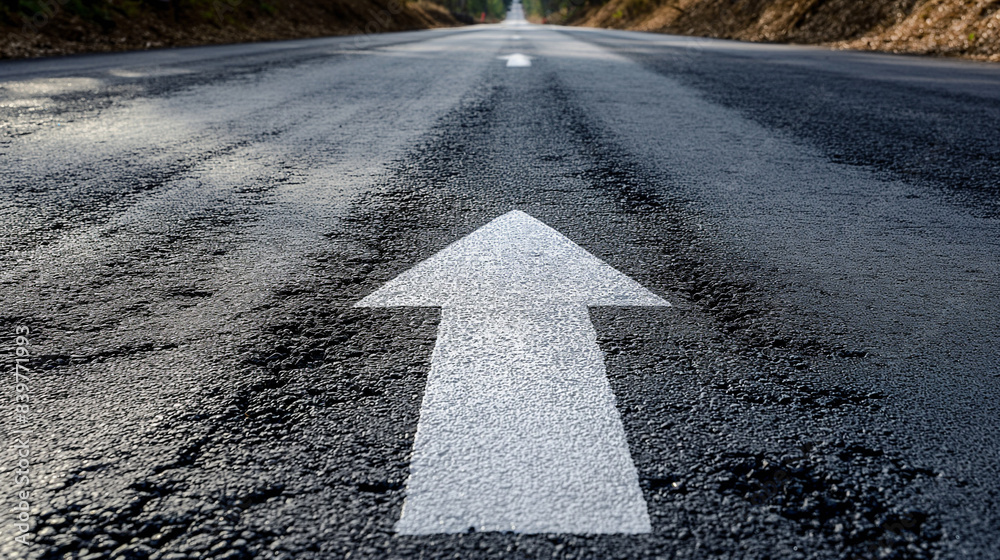 An asphalt road stretches into the distance with a painted white arrow ...