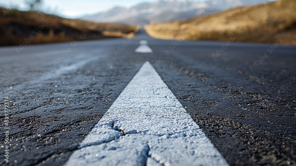 An asphalt road stretches into the distance with a painted white arrow ...