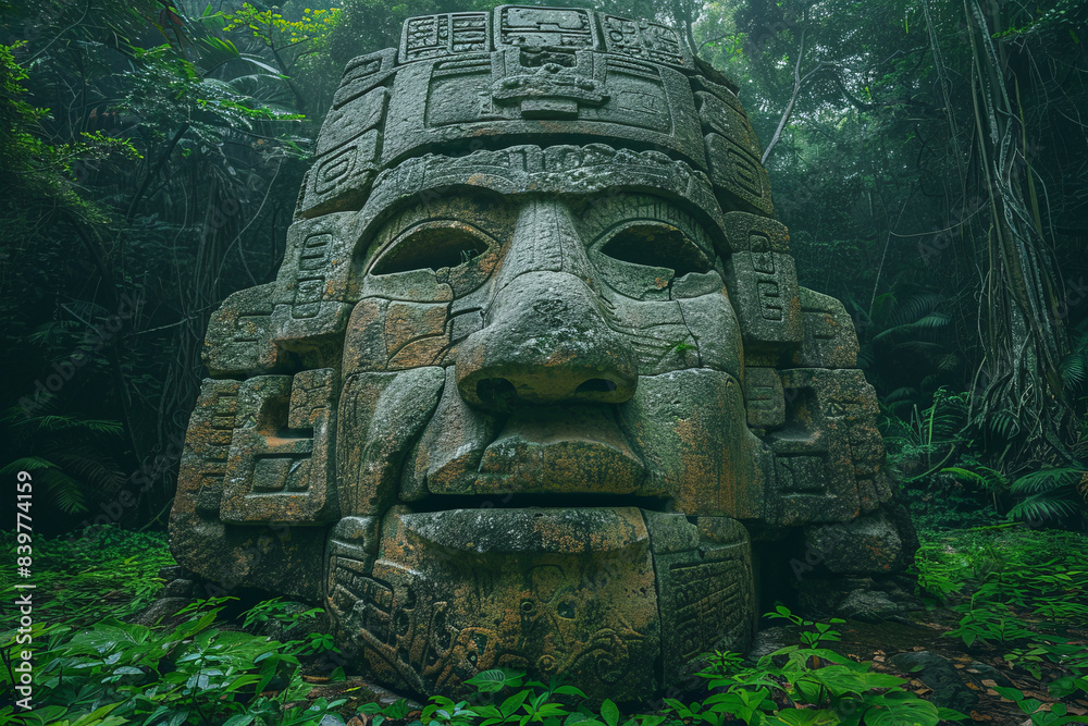 Olmec sculpture carved from stone. Mayan symbol - Big stone head statue ...