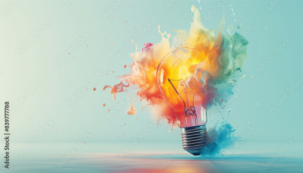 Colorful Watercolor Explosion From Creative Light Bulb On Light Blue ...