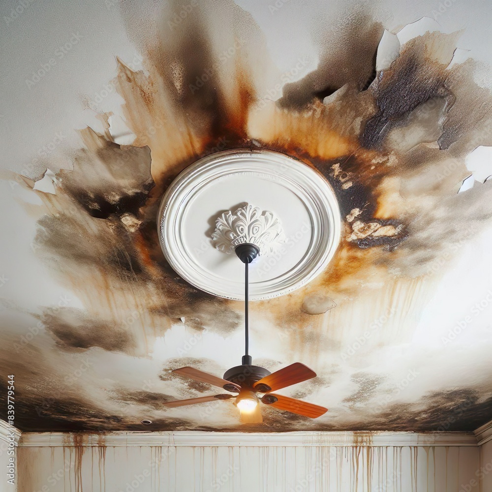 Water damage repair, showcasing a damaged and stained white ceiling ...