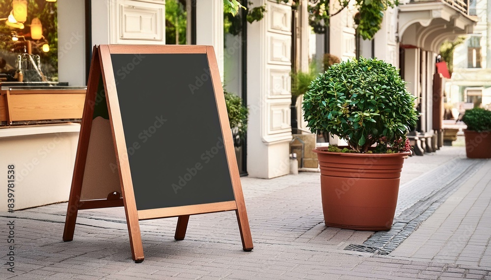 Blank blackboard restaurant shop sign or menu boards near the entrance ...