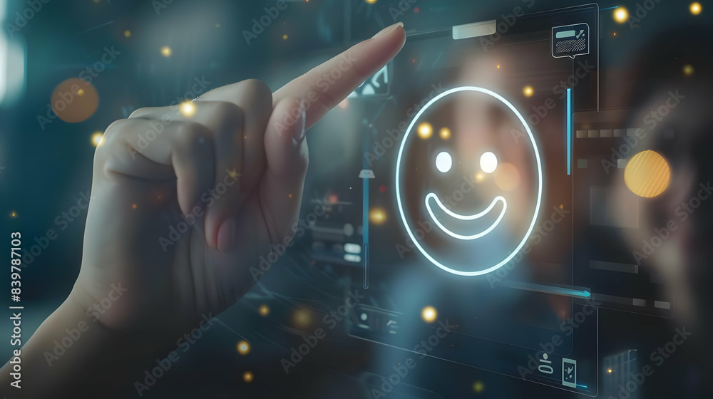 Futuristic interface with hand touching a digital smiley face icon ...