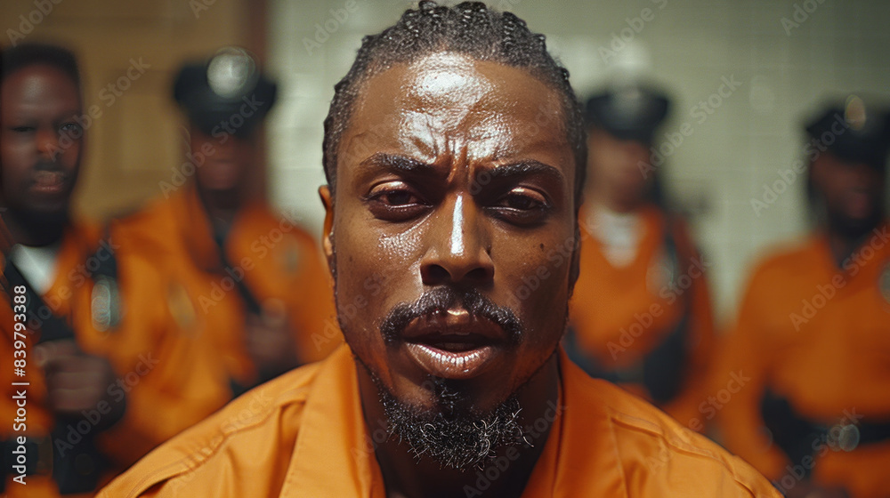 Black man wearing orange prison clothes with angry stare expression ...