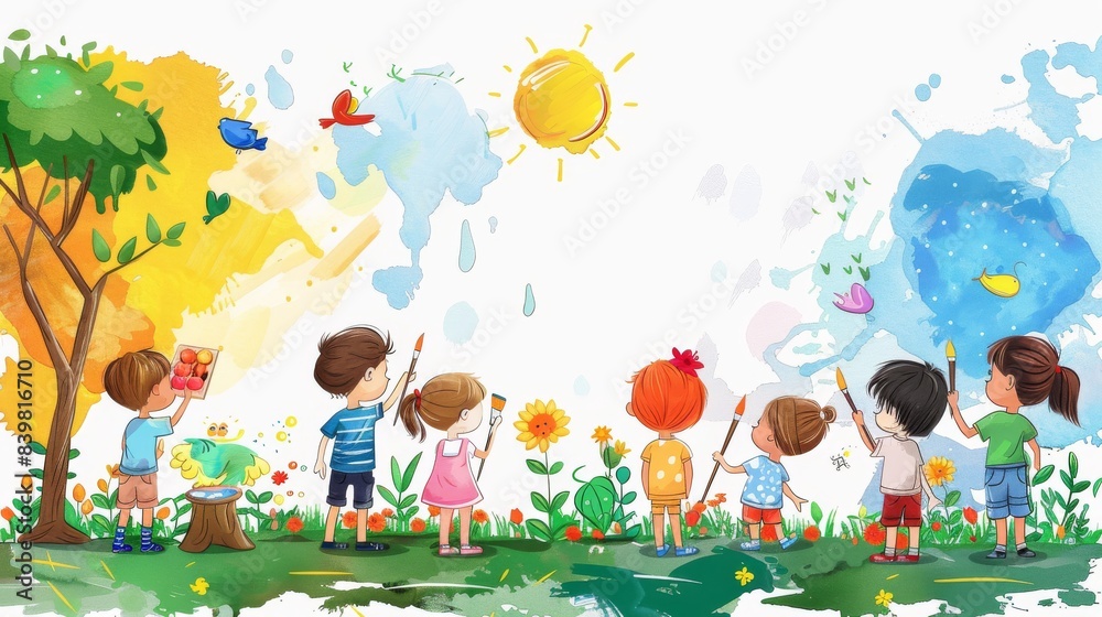 Cartoon vector children painting a mural depicting the ozone layer and ...