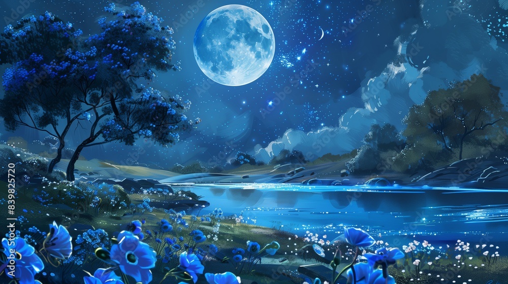 Ethereal blue moonlight casting a serene glow over a tranquil landscape ...