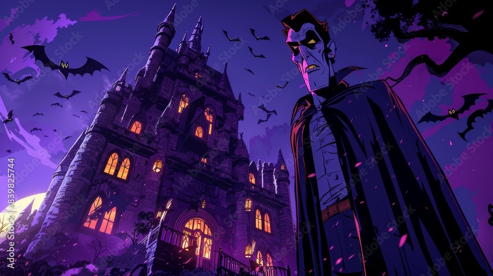 Cartoon vampire and mummy coming out of a spooky castle with bats ...
