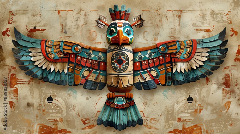Detailed sketch of a Native American totem pole, rich colors and ...