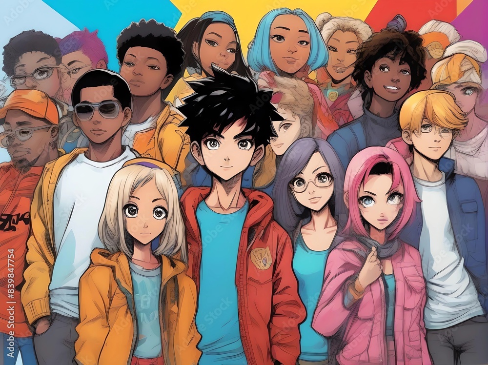 Anime a group of people from difference background comic books style ...