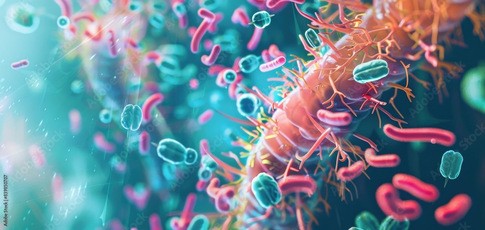 Microbiome ecosystem within the human gut, selective focus microbial ...